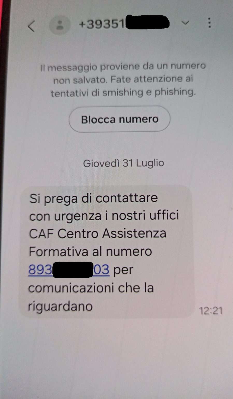 Cybersecurity – Truffe – CAF manda SMS – CDSW SAS di CELOTTI Daniele